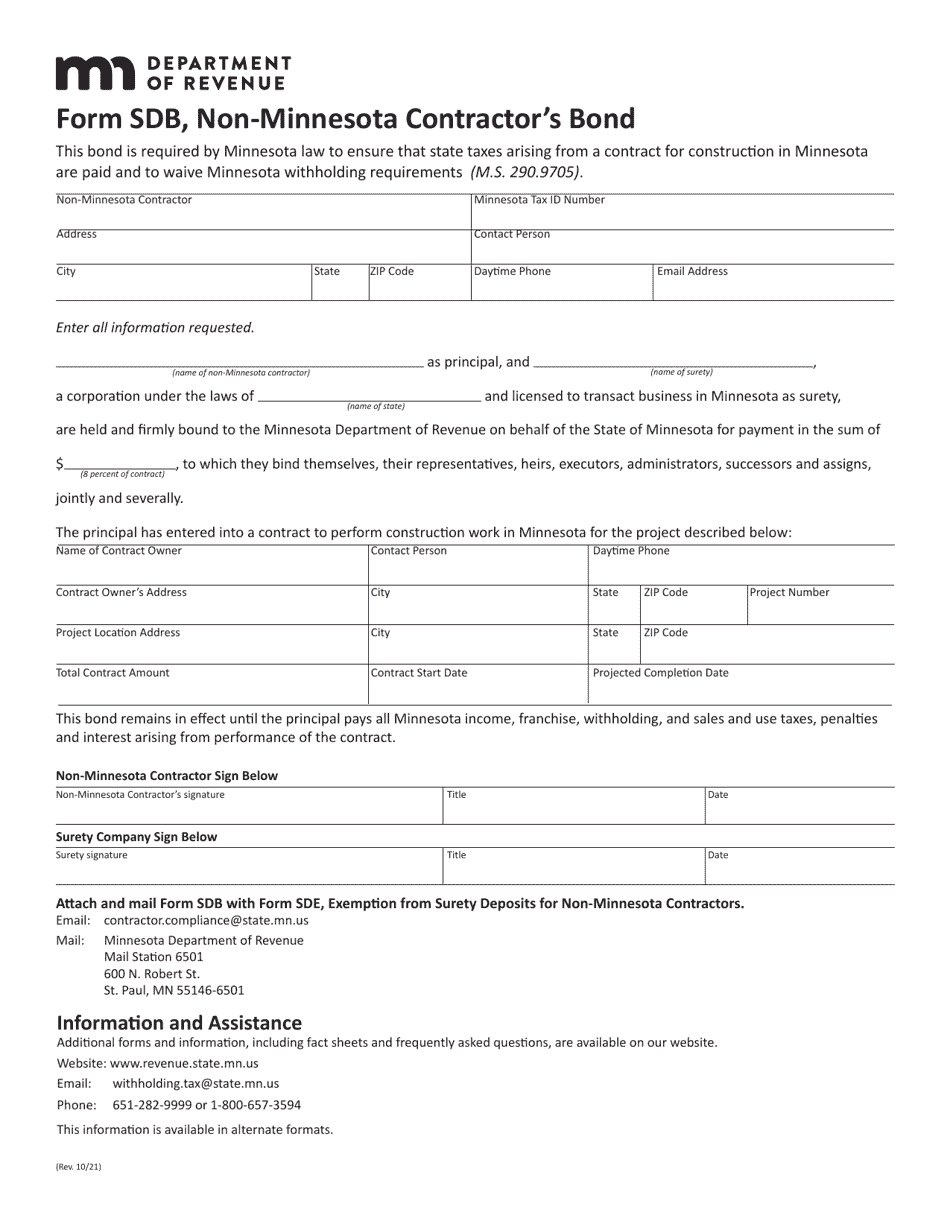 Form SDB Download Fillable PDF or Fill Online Non-minnesota Contractor ...