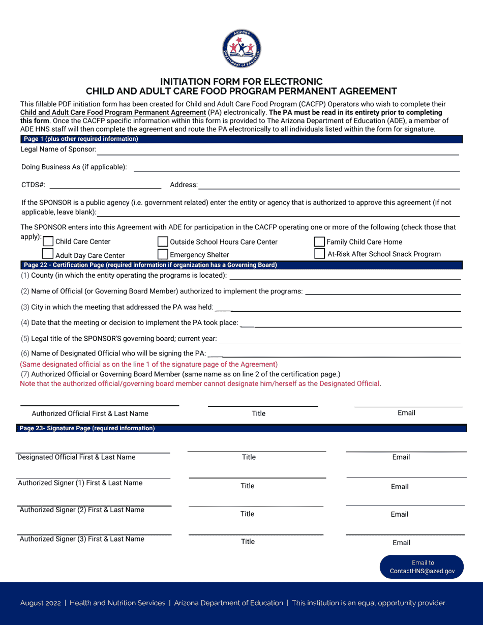 Arizona Initiation Form for Electronic Child and Adult Care Food ...