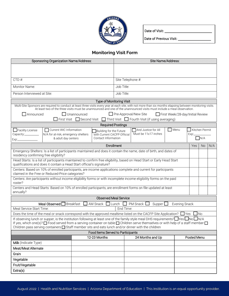 Arizona Monitoring Visit Form Download Fillable PDF | Templateroller