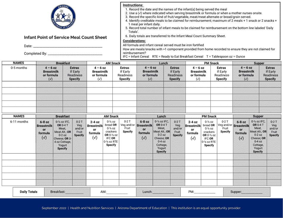 Arizona Infant Point of Service Meal Count Sheet - Fill Out, Sign ...