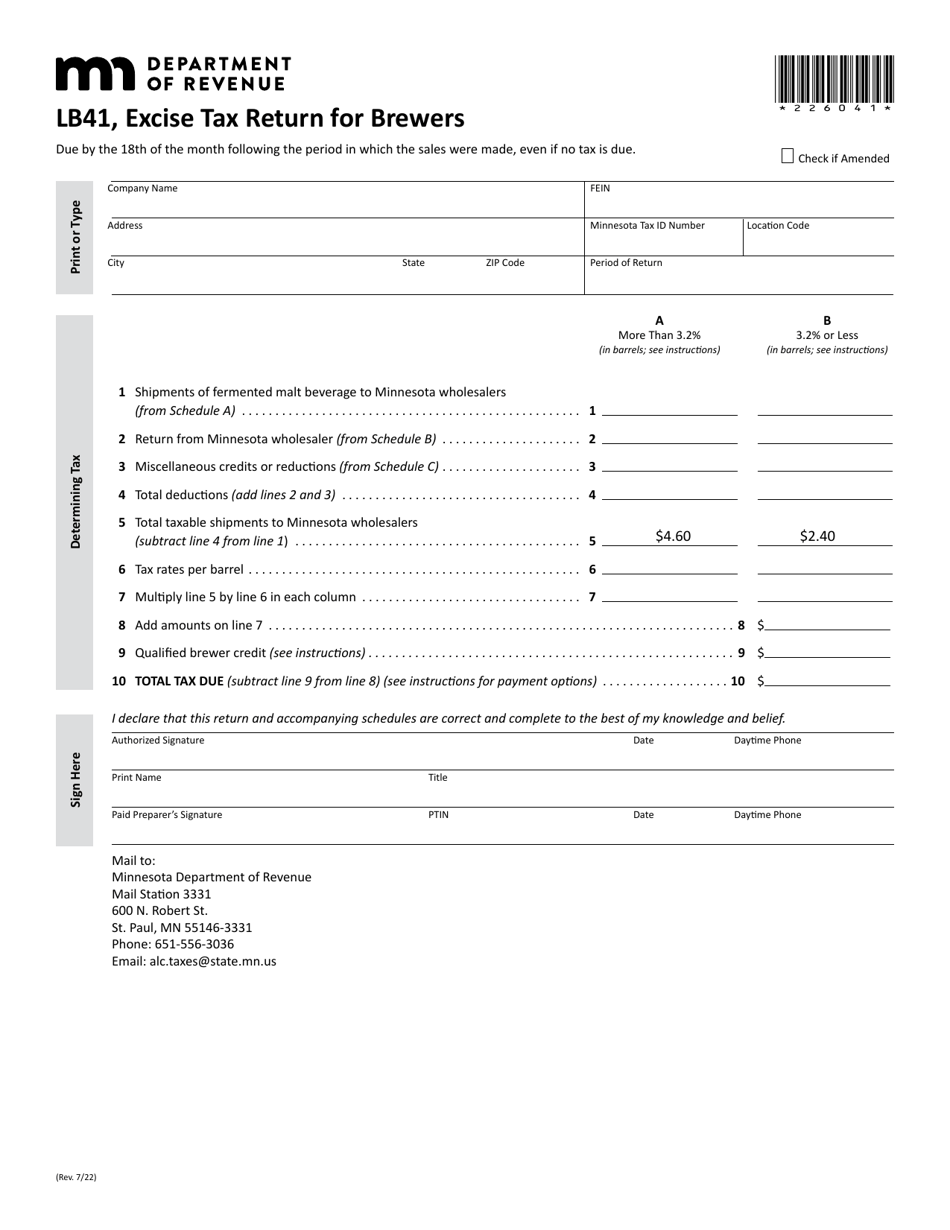 Form LB41 Download Fillable PDF or Fill Online Excise Tax Return for ...