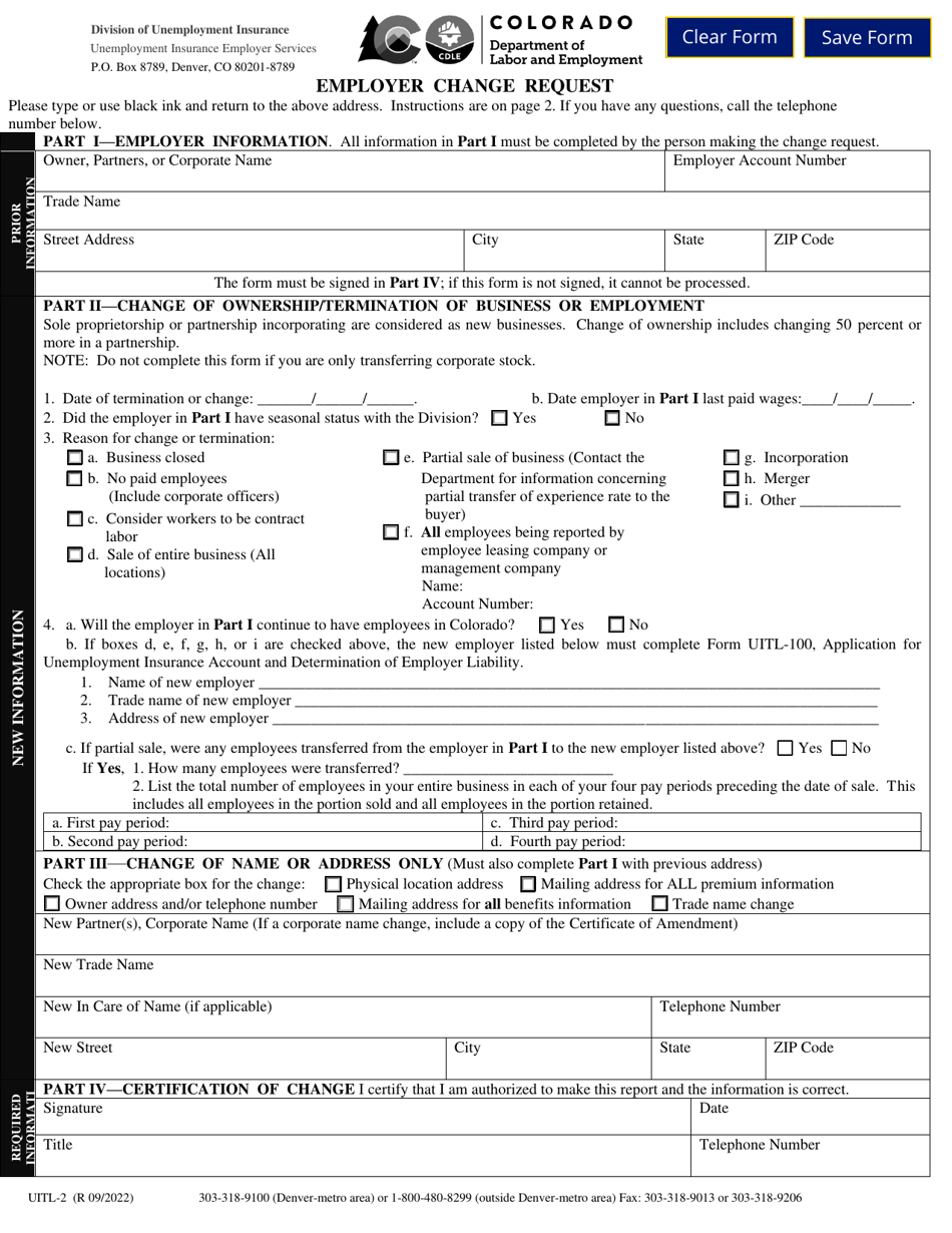 Form UITL-2 Download Fillable PDF or Fill Online Employer Change ...