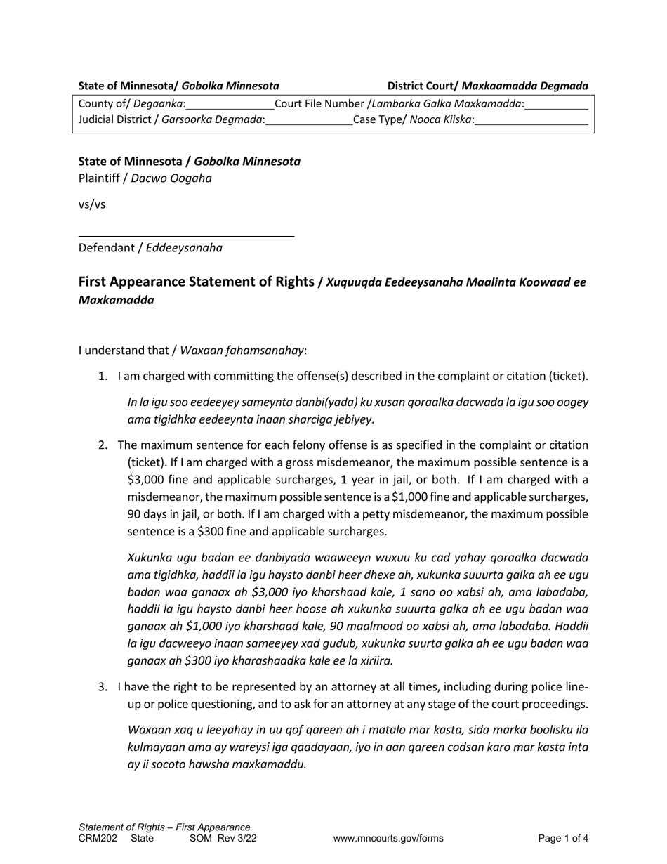 Form CRM202 Download Printable PDF or Fill Online First Appearance ...