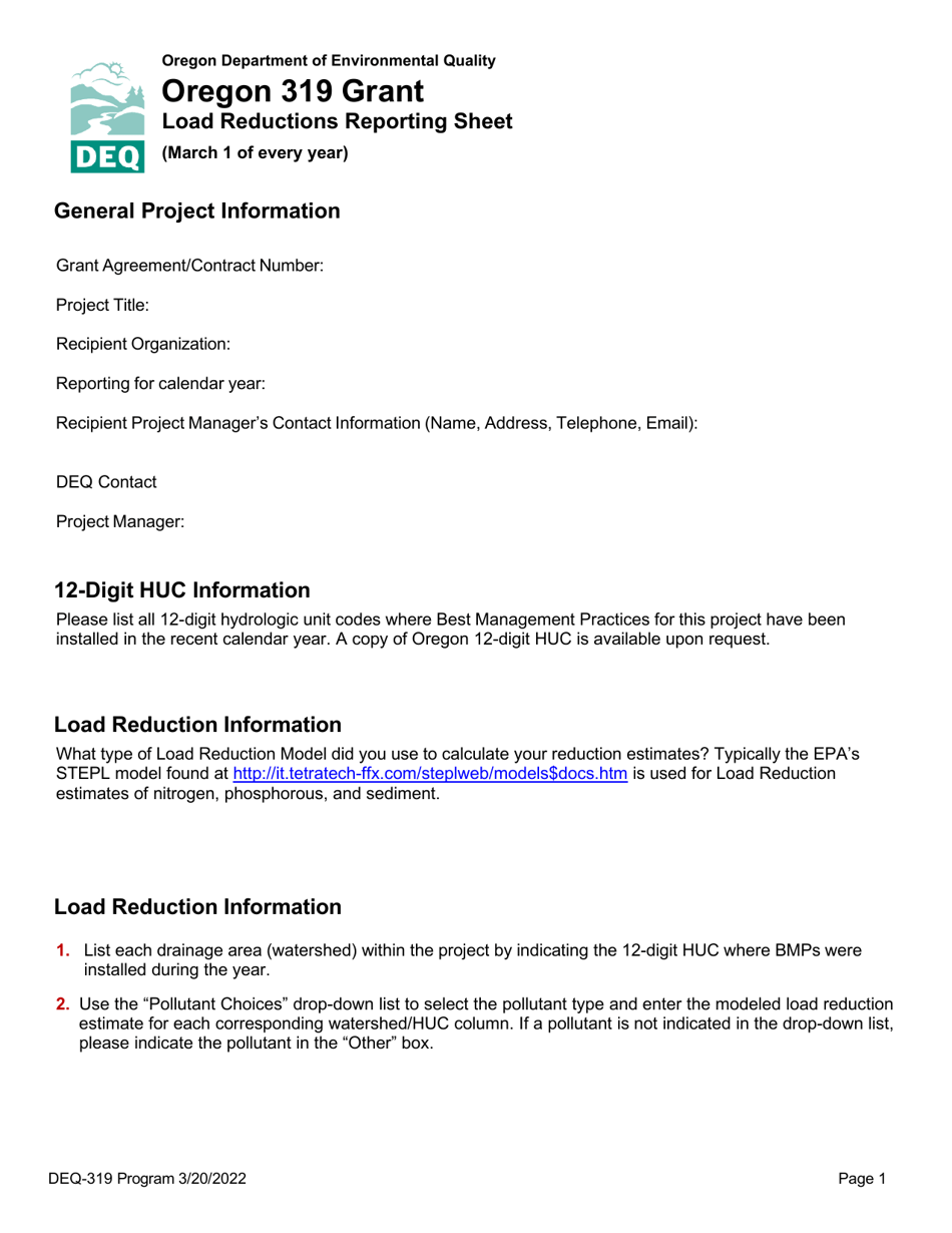 Form DEQ-319 - Fill Out, Sign Online and Download Printable PDF, Oregon ...