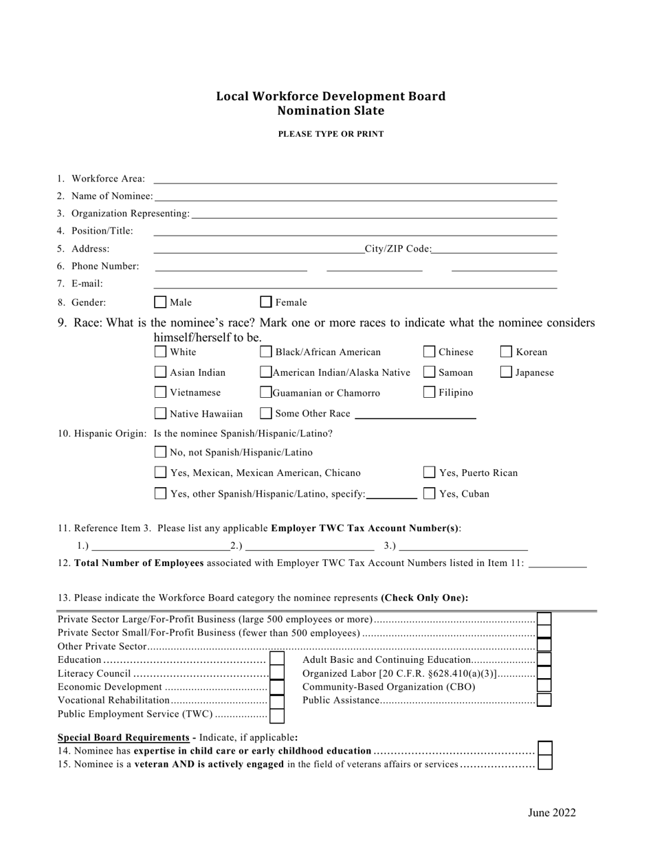 Texas Nomination Slate - Local Workforce Development Board - Fill Out ...