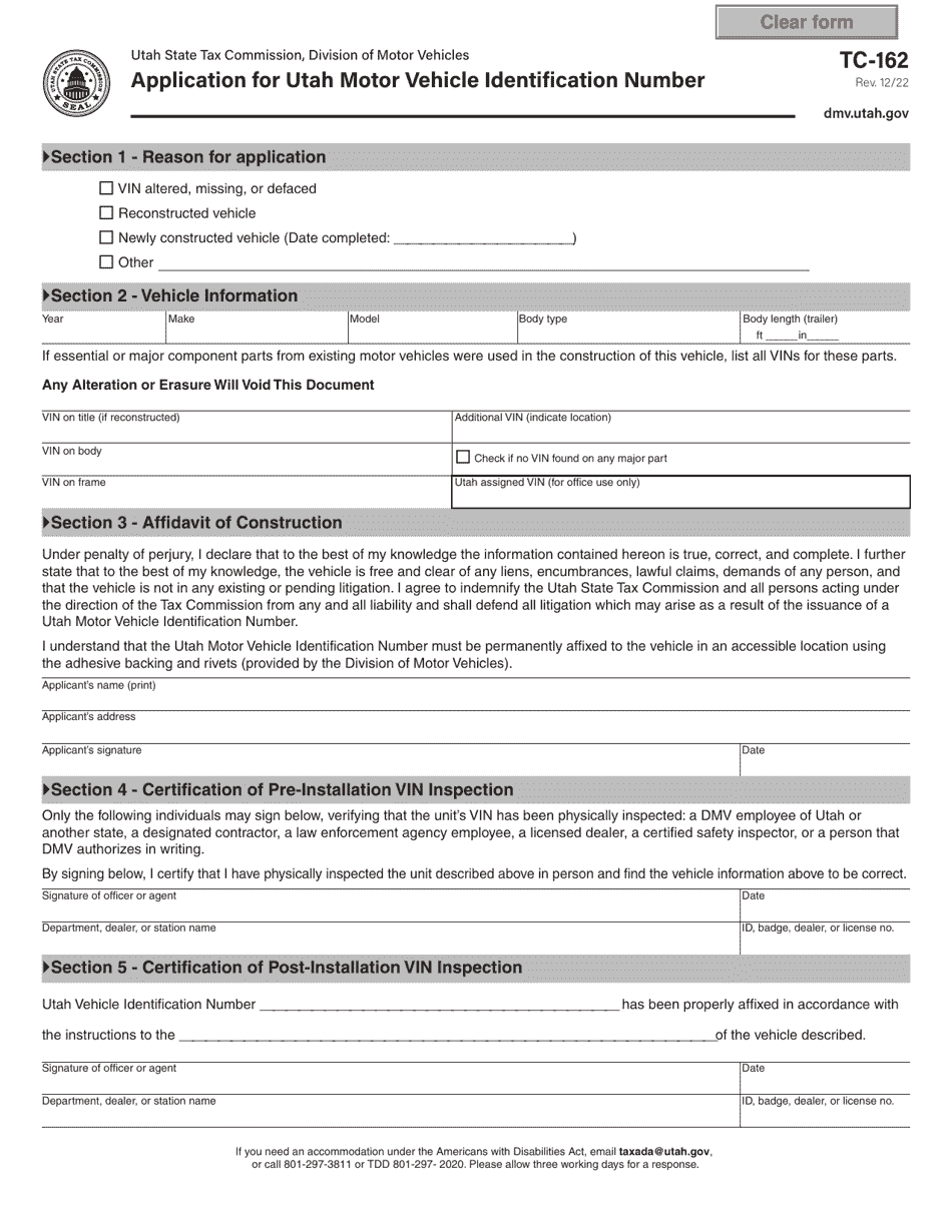 Form TC-162 Download Fillable PDF or Fill Online Application for Utah ...