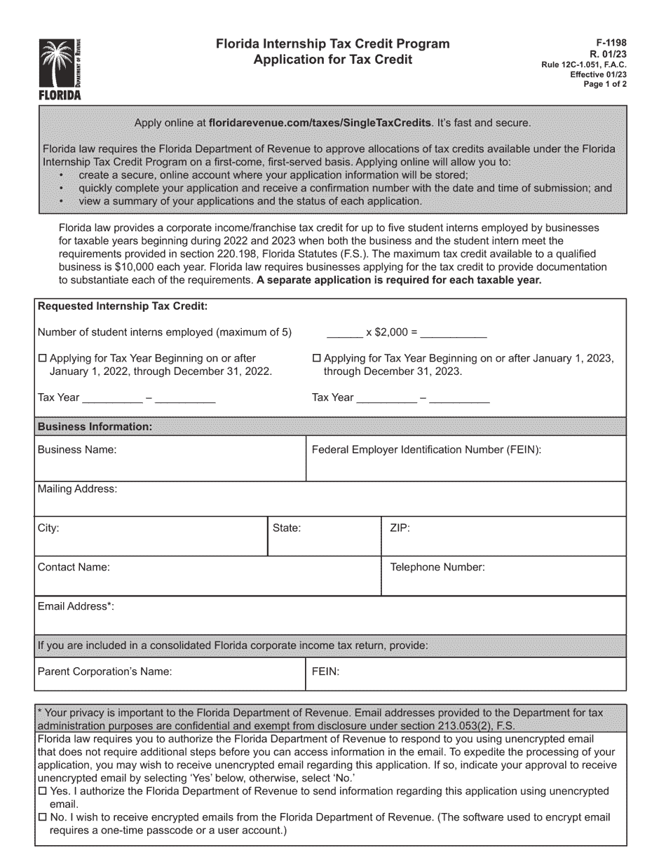 Form F-1198 - Fill Out, Sign Online and Download Printable PDF, Florida ...