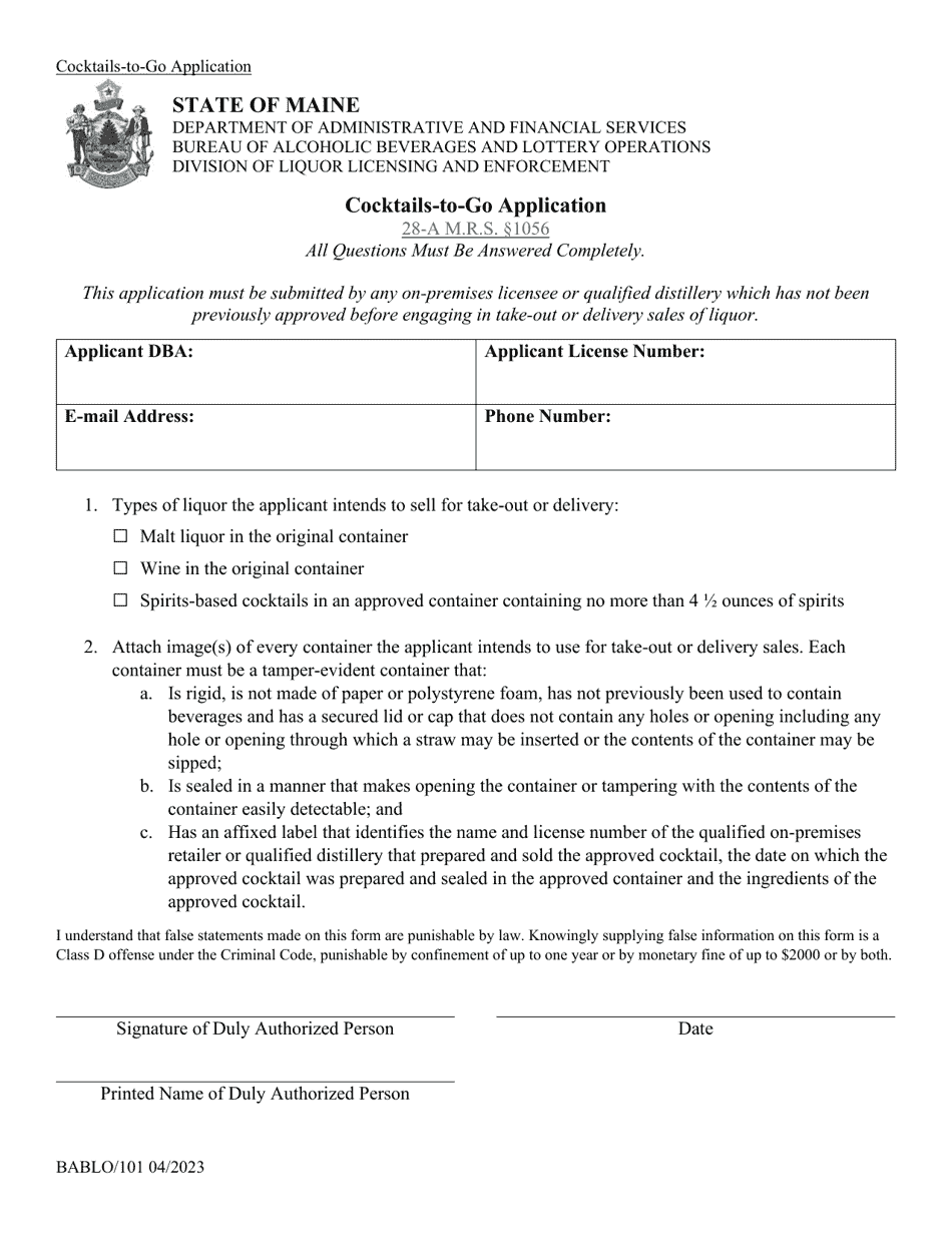 Form BABLO/101 - Fill Out, Sign Online and Download Fillable PDF, Maine ...