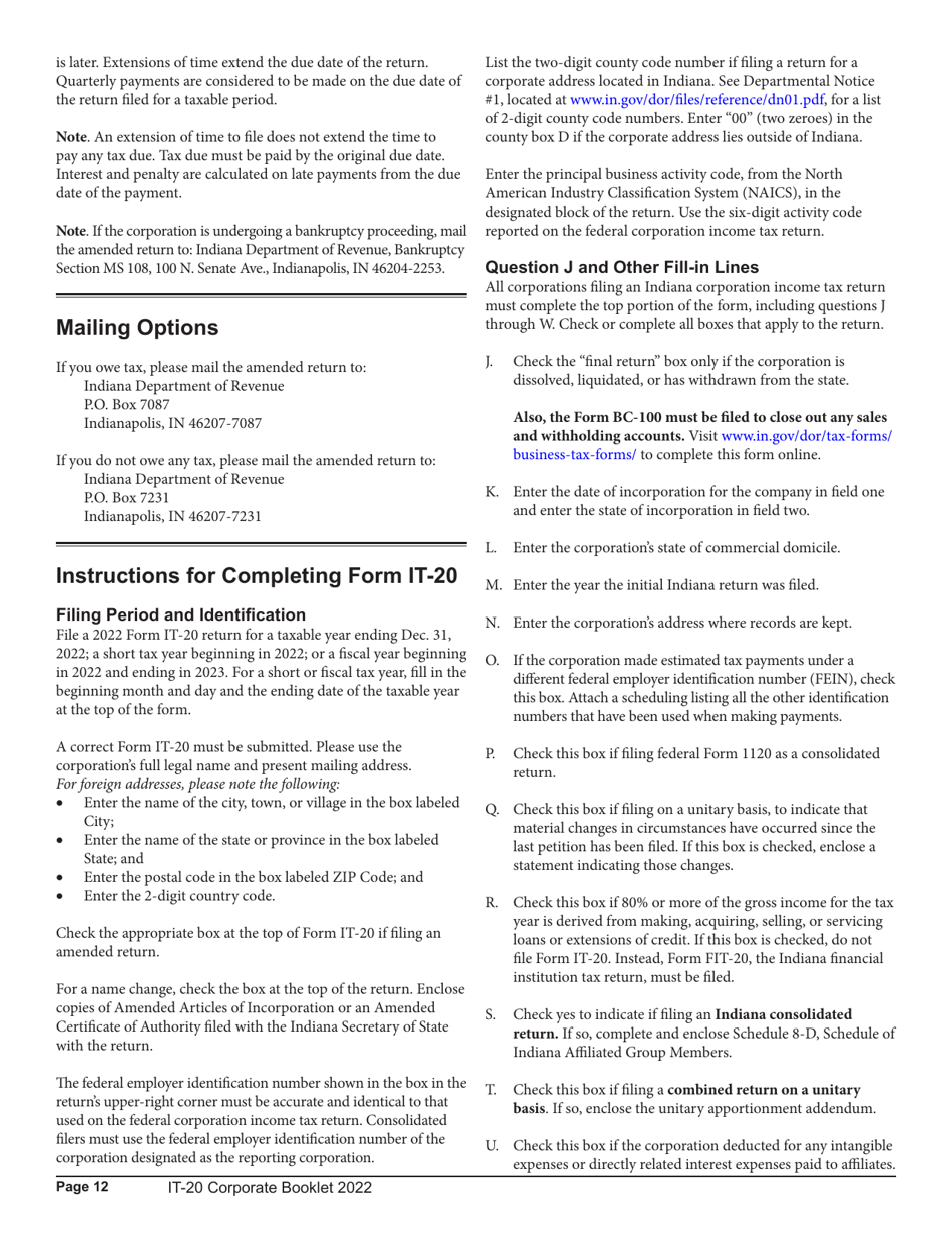 Download Instructions for Form IT-20, State Form 44275 Indiana ...