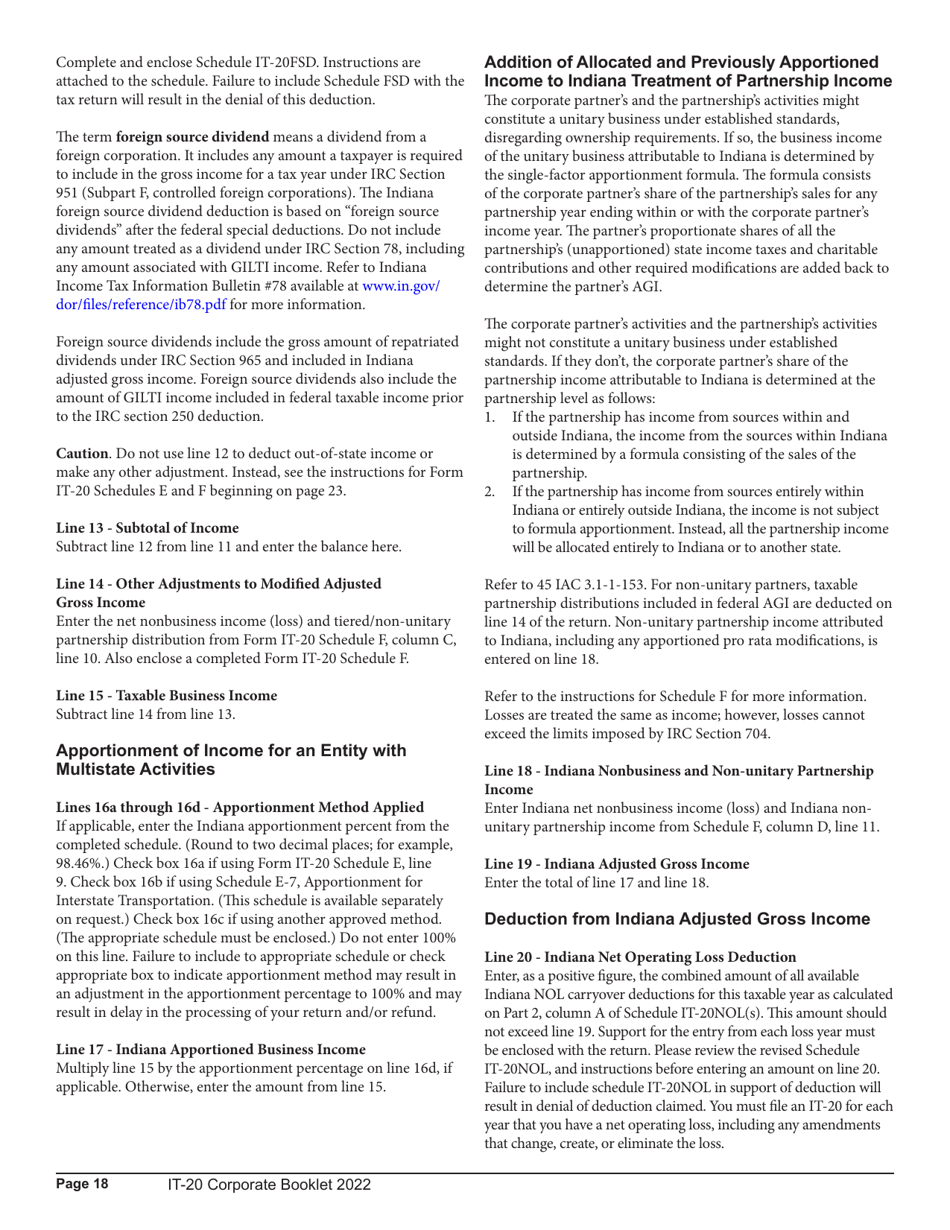 Download Instructions for Form IT-20, State Form 44275 Indiana ...