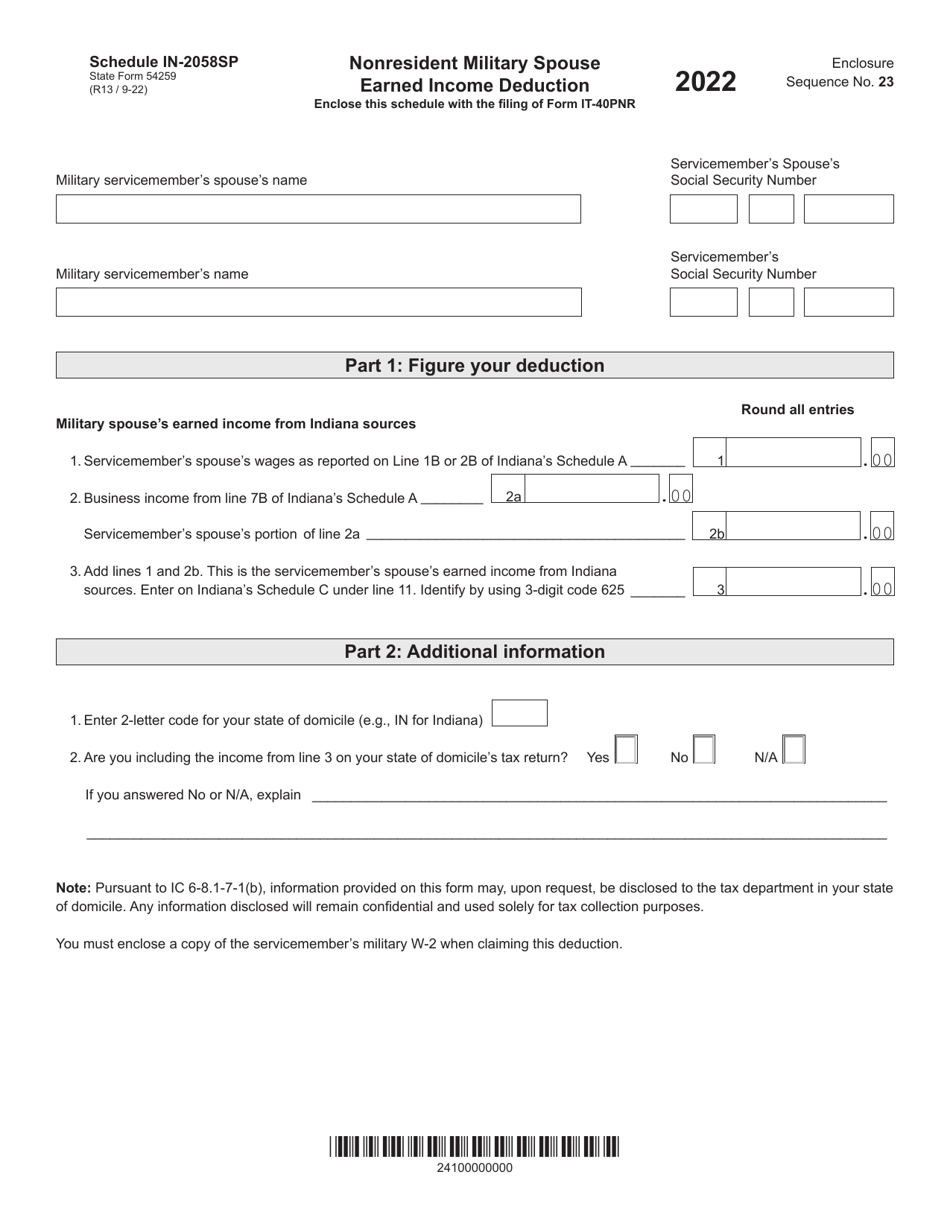 State Form 54259 Schedule IN-2058SP - 2022 - Fill Out, Sign Online and ...
