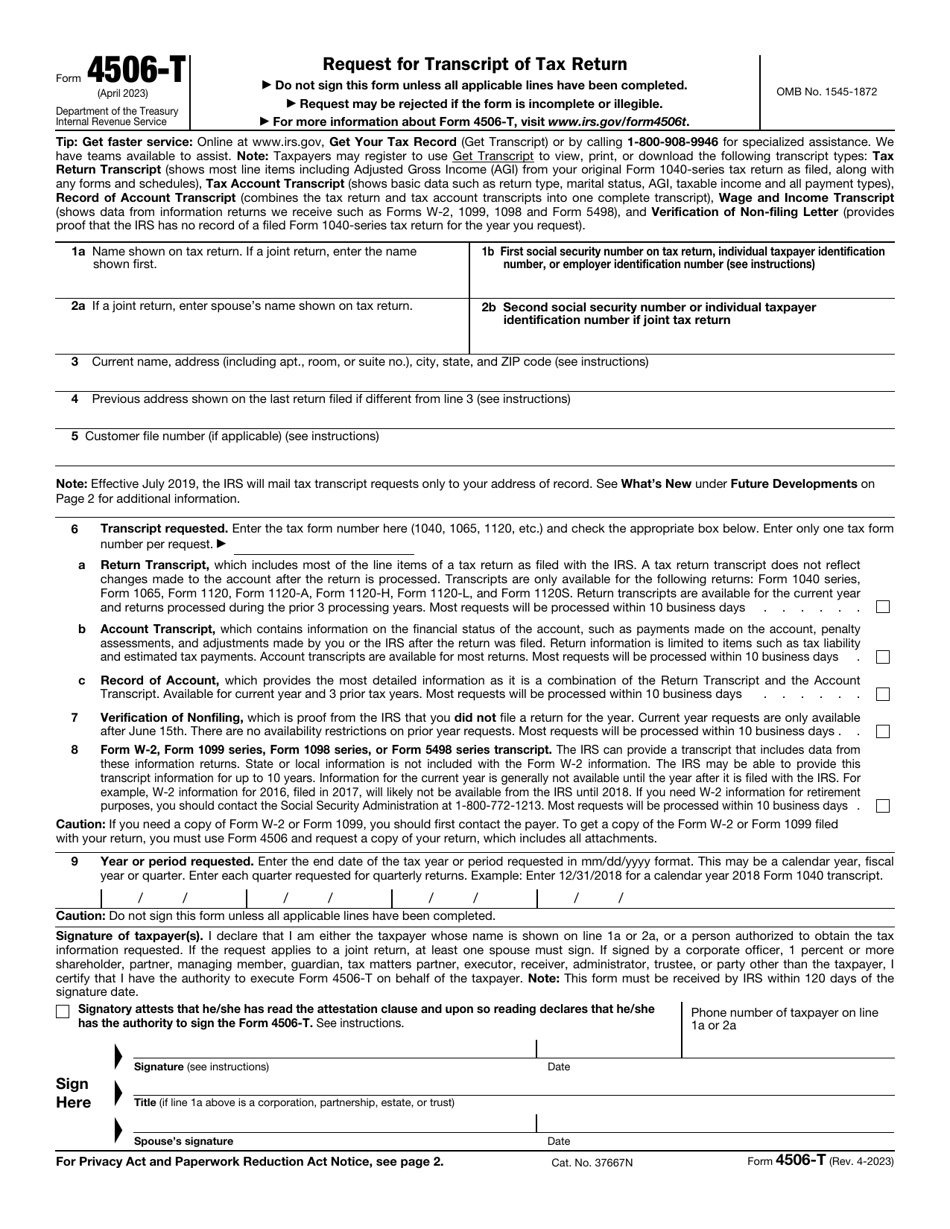 IRS Form 4506-T Download Fillable PDF or Fill Online Request for ...