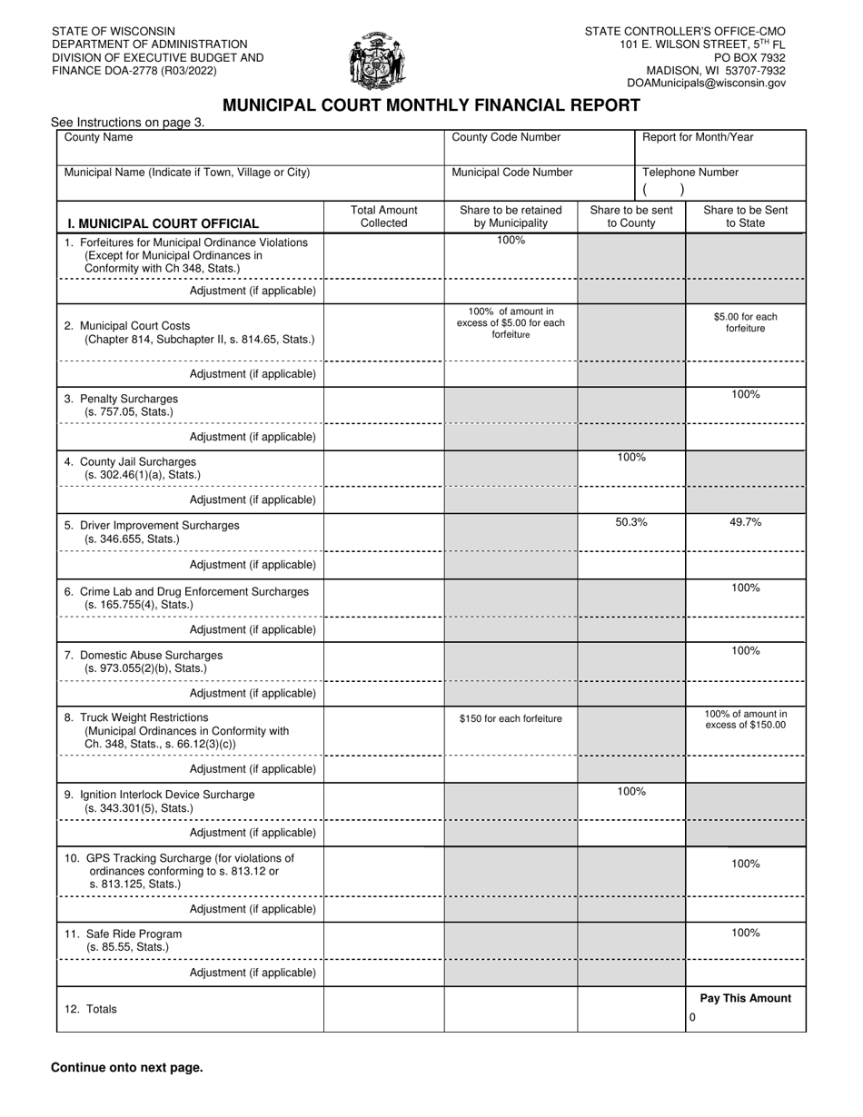 Form DOA-2778 Download Fillable PDF or Fill Online Municipal Court Monthly Financial Report ...