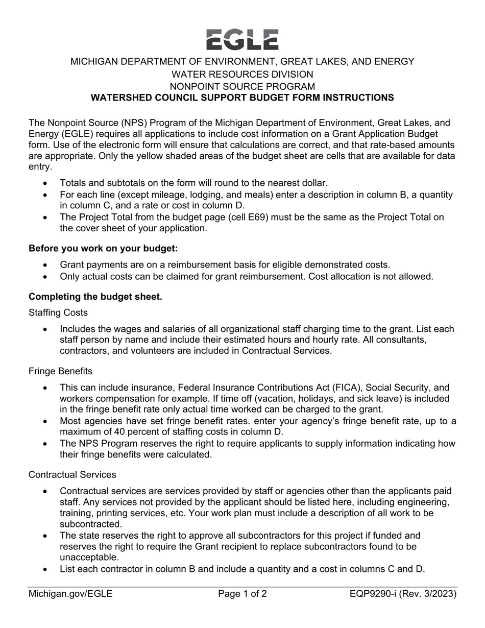 Download Instructions for Form EQP9290 Watershed Council Support Budget ...
