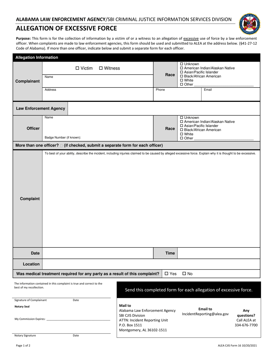 ALEA CJIS Form 16 - Fill Out, Sign Online and Download Printable PDF ...