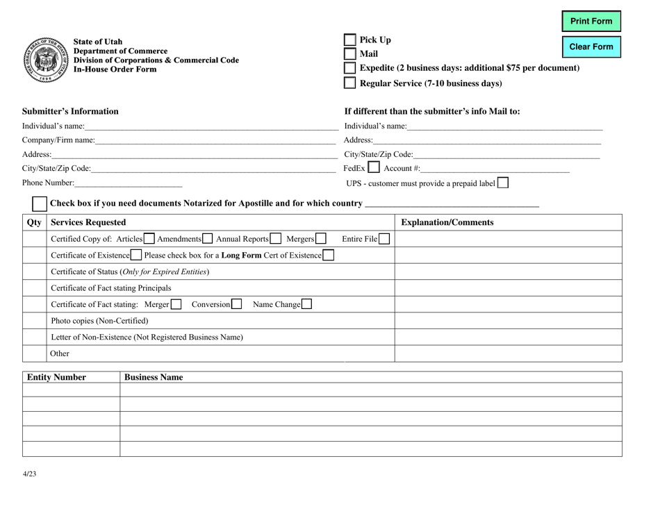 Utah In-house Order Form Download Fillable PDF | Templateroller