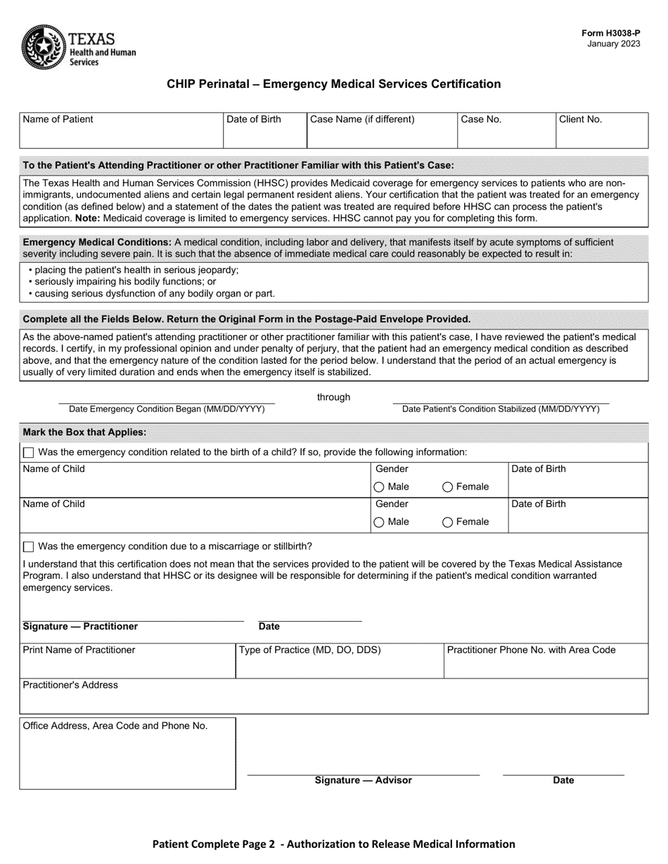 Form H3038-P Download Fillable PDF or Fill Online Chip Perinatal ...