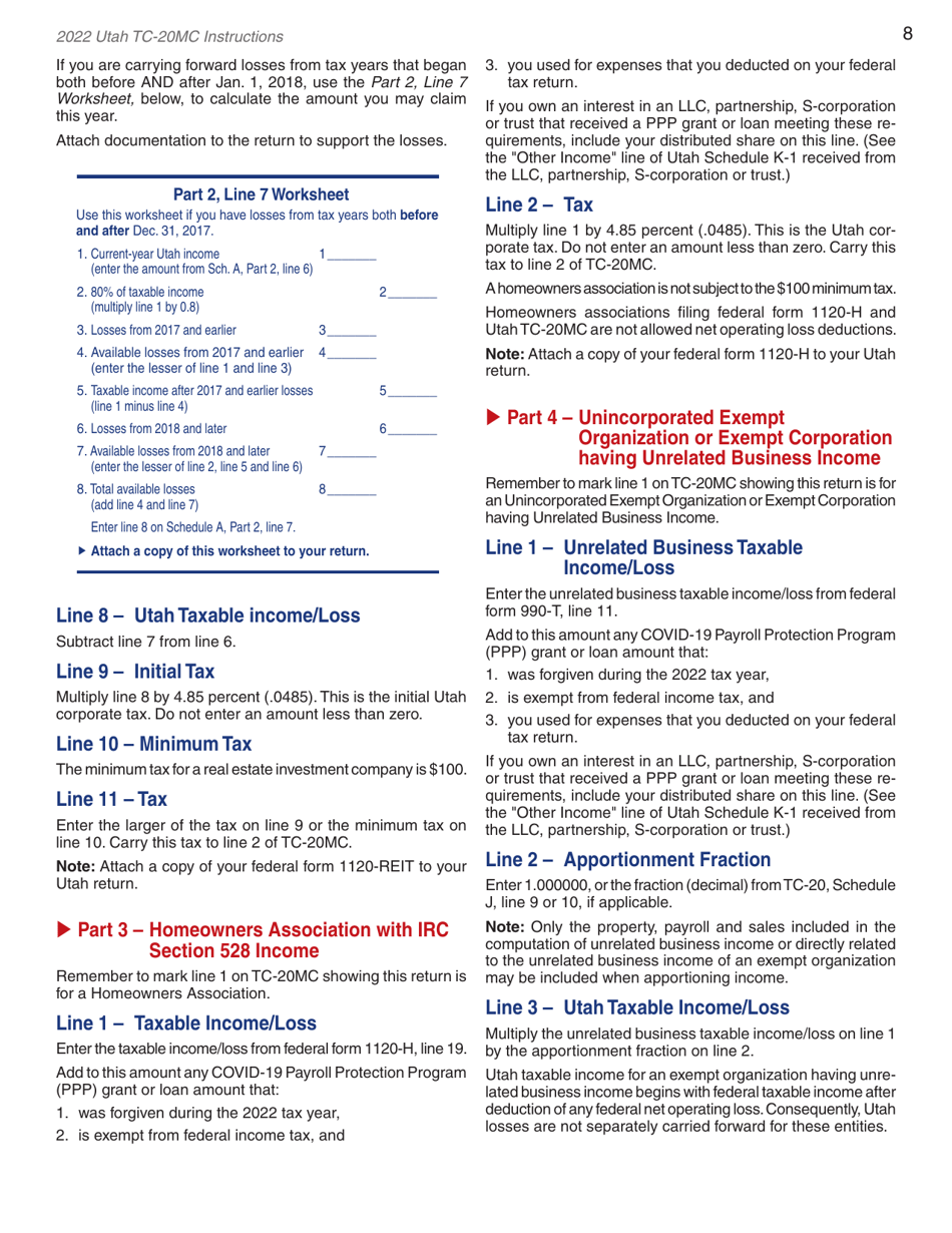Download Instructions for Form TC-20MC Utah Tax Return for ...