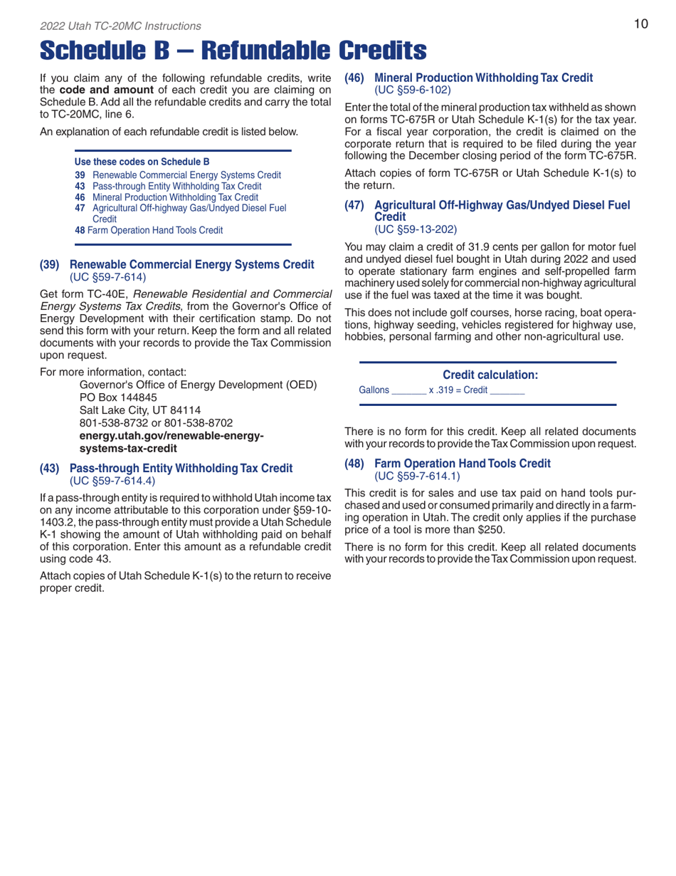 Download Instructions for Form TC-20MC Utah Tax Return for ...