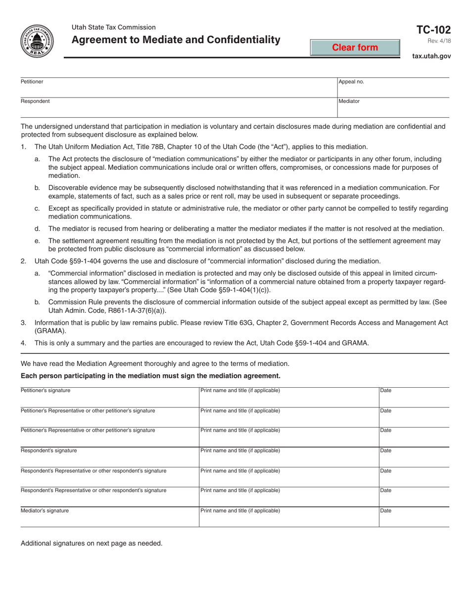 Form TC-102 - Fill Out, Sign Online and Download Fillable PDF, Utah ...
