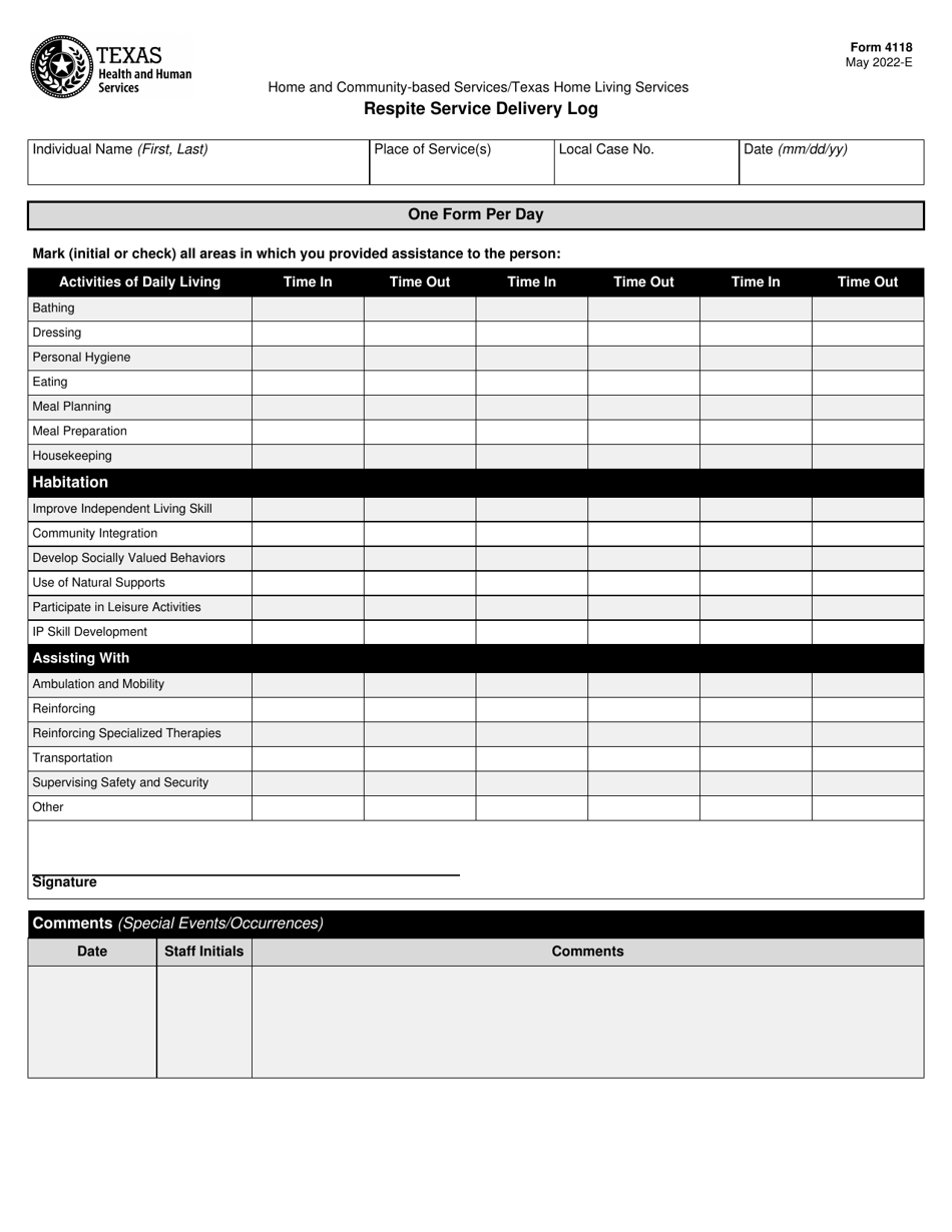 Form 4118 Download Fillable PDF or Fill Online Respite Service Delivery ...