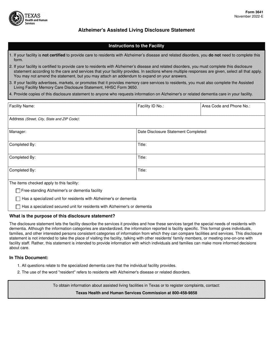 Form 3641 Download Fillable PDF or Fill Online Alzheimer's Assisted ...