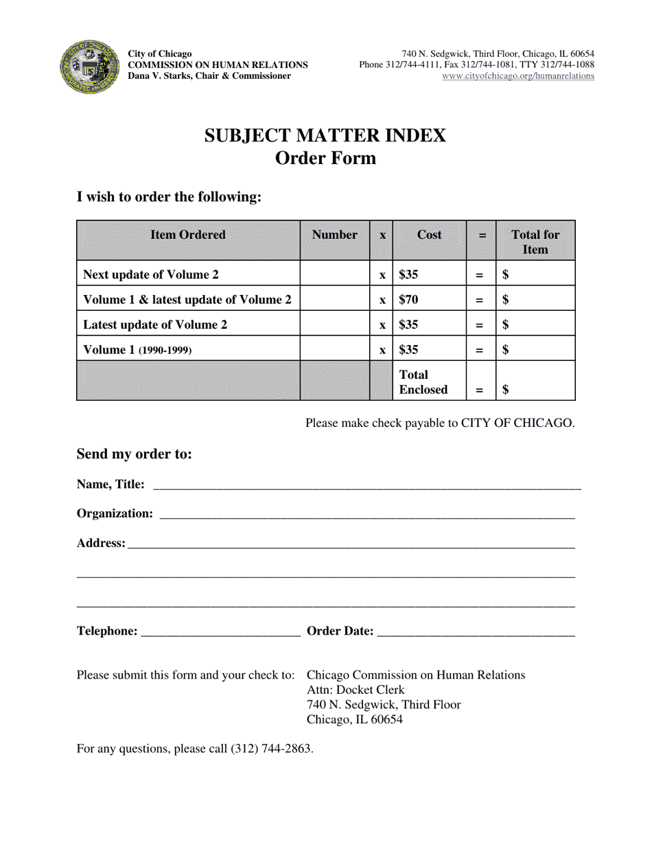 City of Chicago, Illinois Subject Matter Index Order Form - Fill Out ...