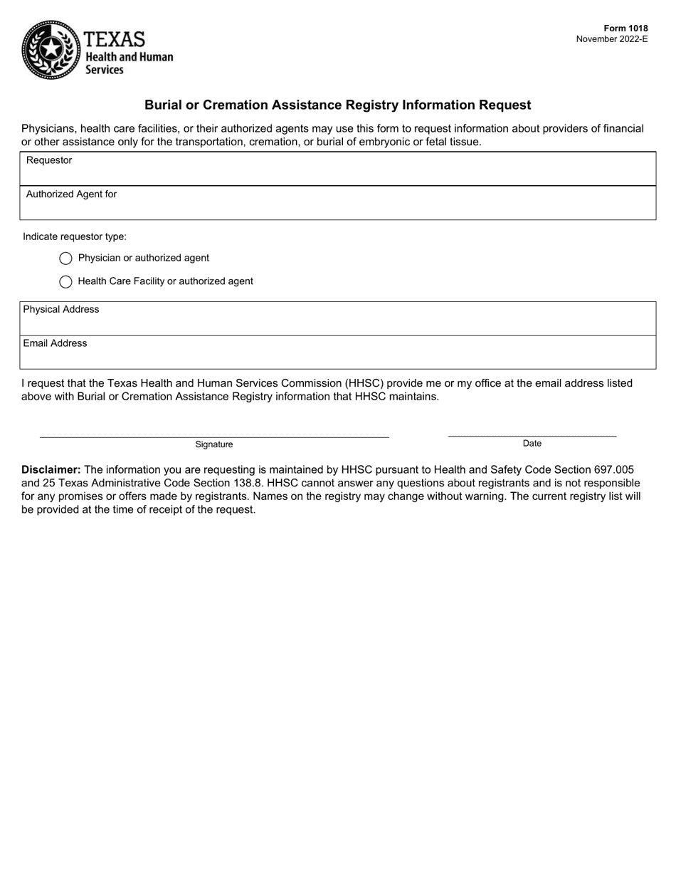 Form 1018 Download Fillable PDF or Fill Online Burial or Cremation ...