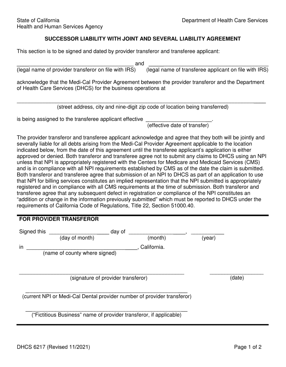 Form DHCS6217 Download Fillable PDF or Fill Online Successor Liability ...