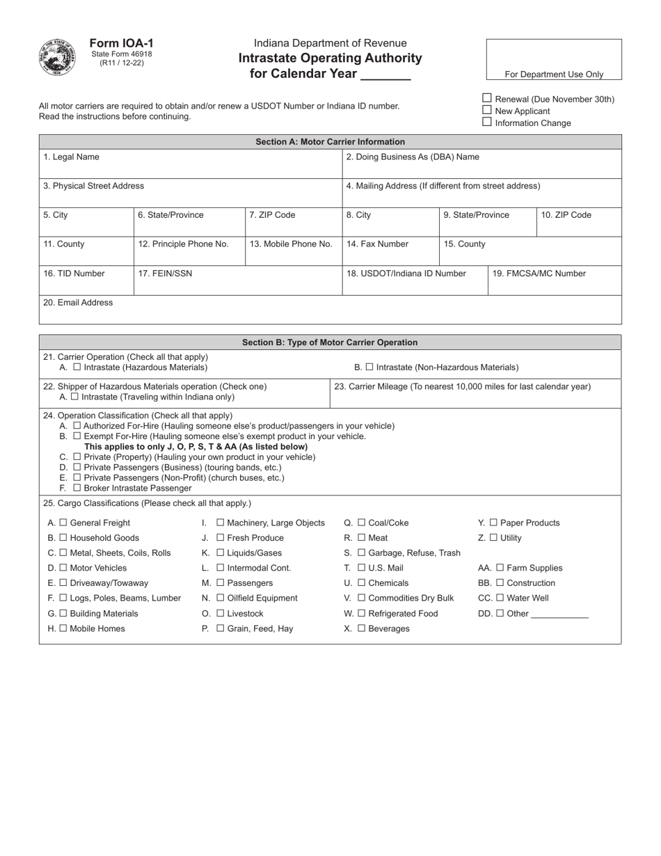 Form IOA-1 (State Form 46918) - Fill Out, Sign Online and Download Fillable PDF, Indiana ...