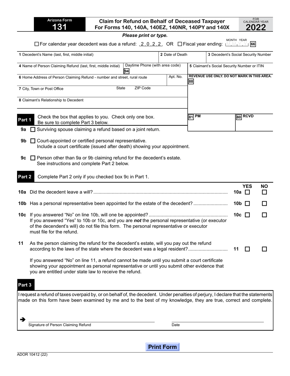 Arizona Form 131 (ADOR10412) Download Fillable PDF or Fill Online Claim ...