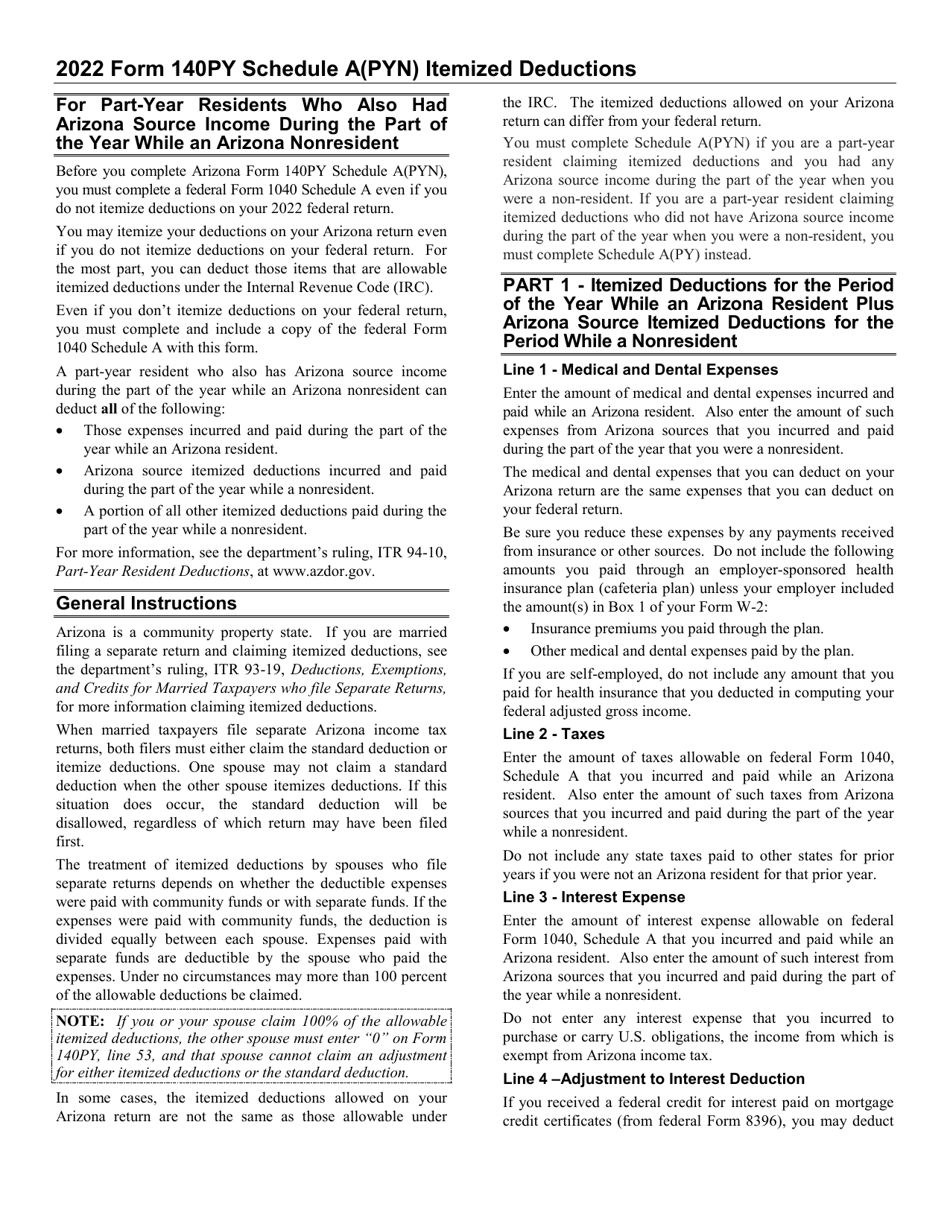 Download Instructions for Arizona Form 140PY, ADOR10176 Schedule A(PYN ...