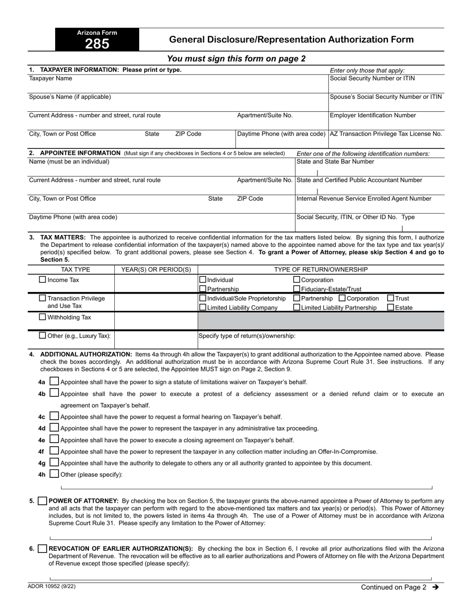 Arizona Form 285 (ADOR10952) - Fill Out, Sign Online and Download ...