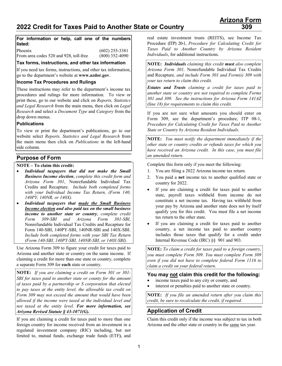 Download Instructions for Arizona Form 309, ADOR10136 Credit for Taxes ...