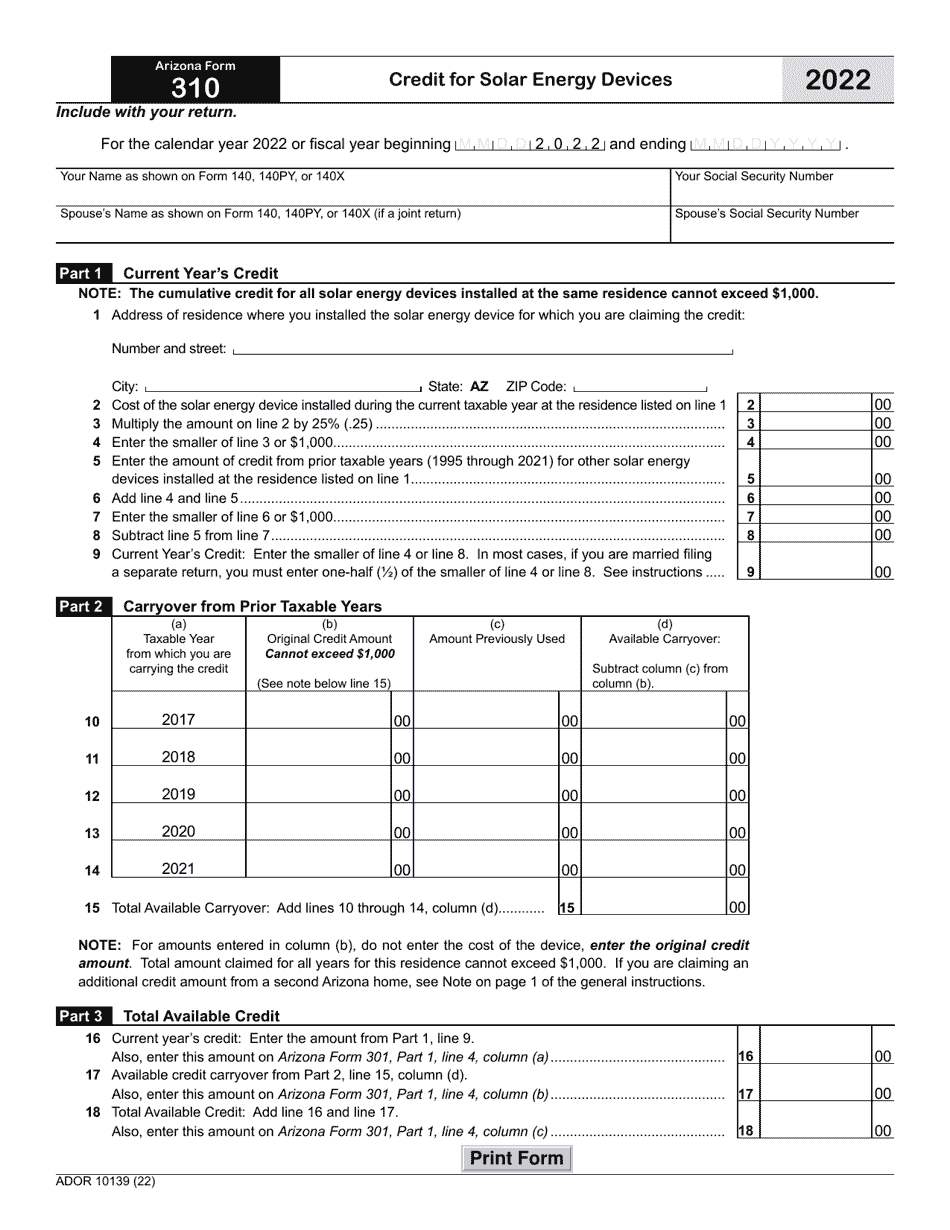 Arizona Form 310 (ADOR10139) - 2022 - Fill Out, Sign Online and ...