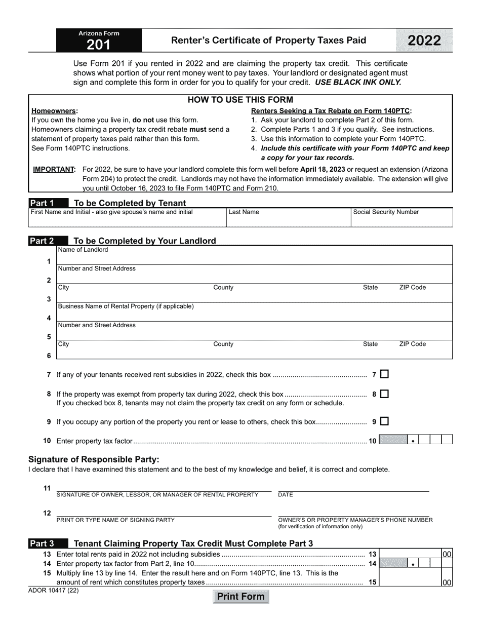 Arizona Form 201 (ADOR10417) Download Fillable PDF or Fill Online ...