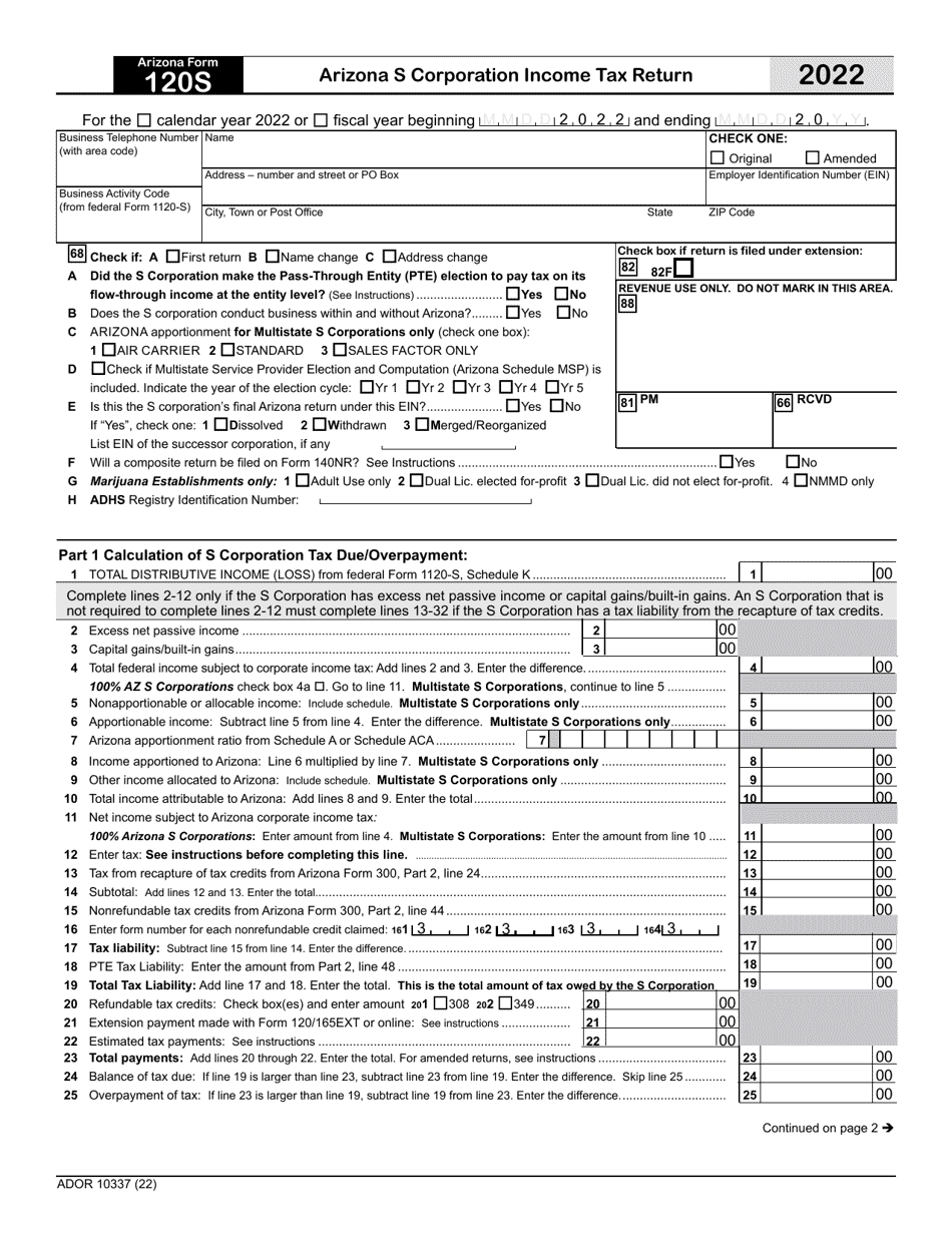 Arizona Form 120S (ADOR10337) Download Fillable PDF or Fill Online ...