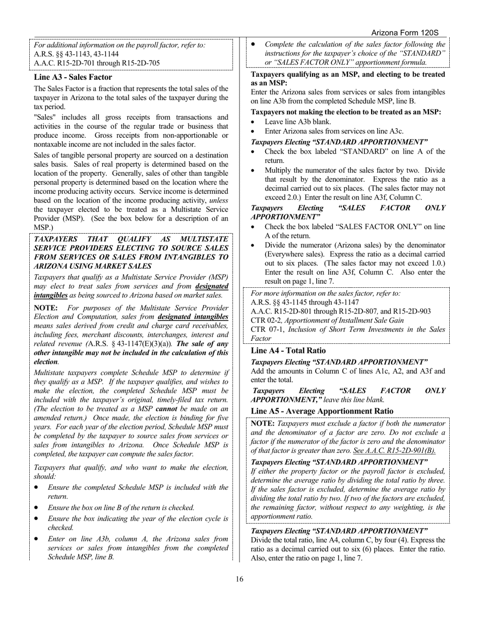 Download Instructions for Arizona Form 120S, ADOR10337 Arizona S ...