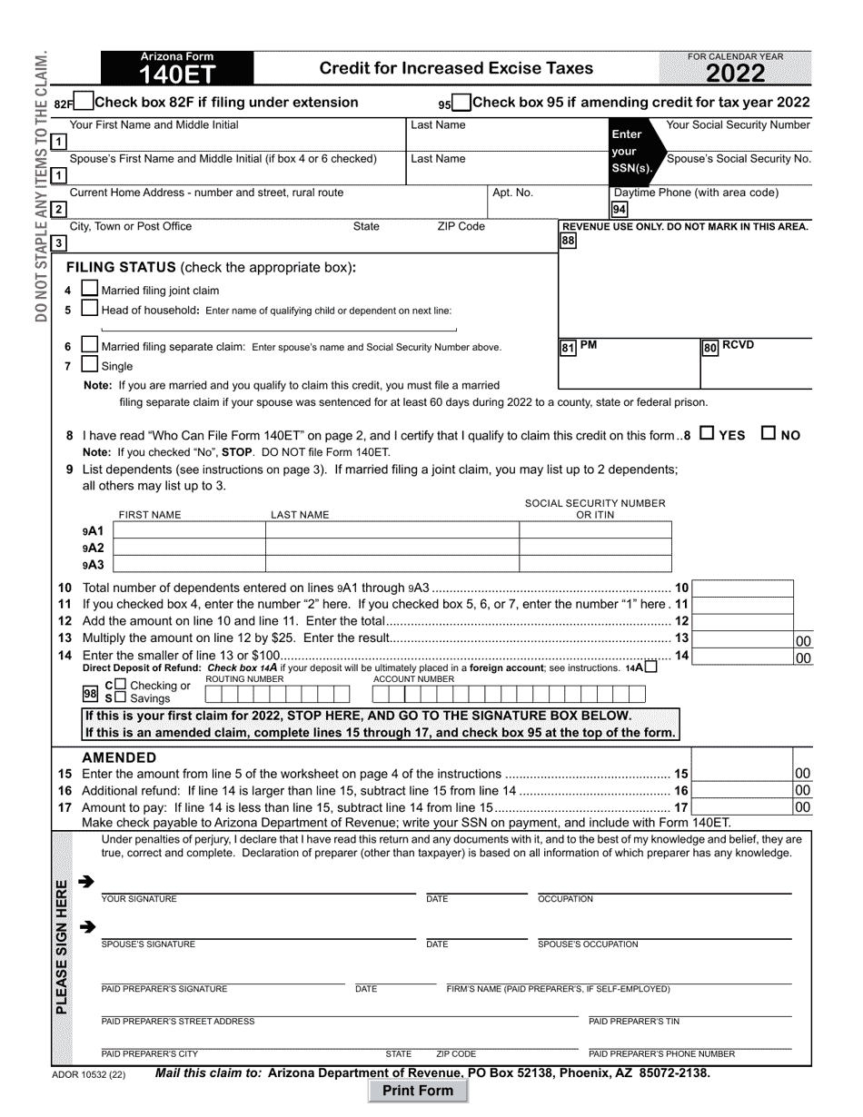 Arizona Form 140ET (ADOR10532) Download Fillable PDF or Fill Online ...
