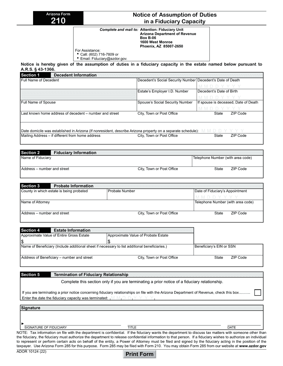 Arizona Form 210 (ADOR10124) Download Fillable PDF or Fill Online ...
