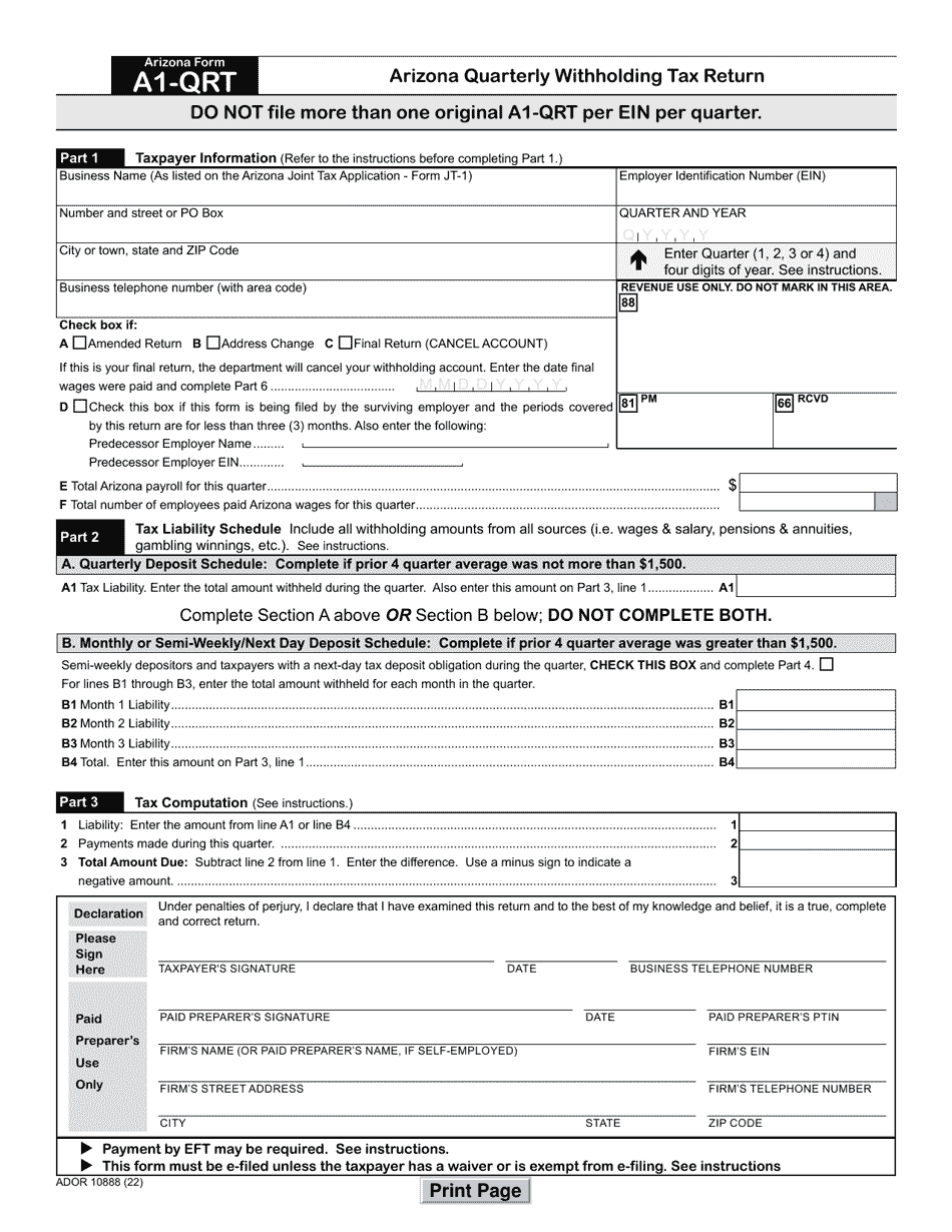 Arizona Form A1-QRT (ADOR10888) Download Fillable PDF or Fill Online ...