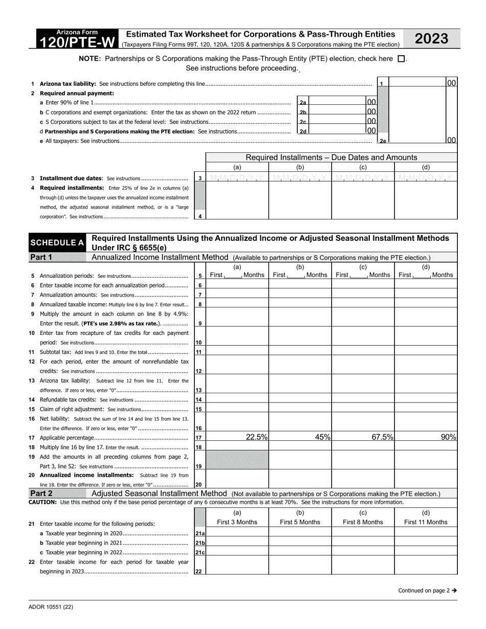 Arizona Form 120/PTE-W (ADOR10551) - 2023 - Fill Out, Sign Online and ...