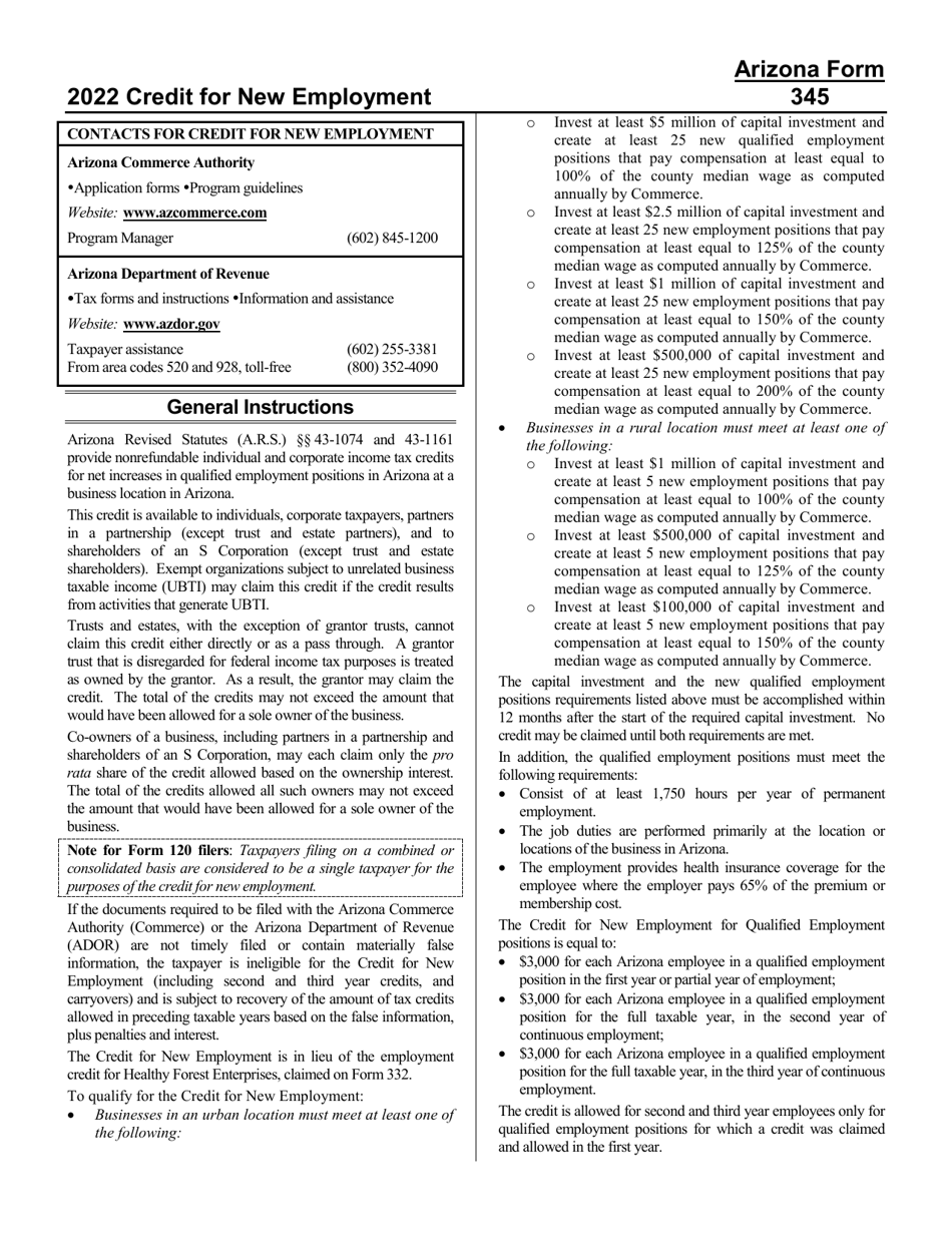 Download Instructions for Arizona Form 345, ADOR11149, Arizona Form 345 ...