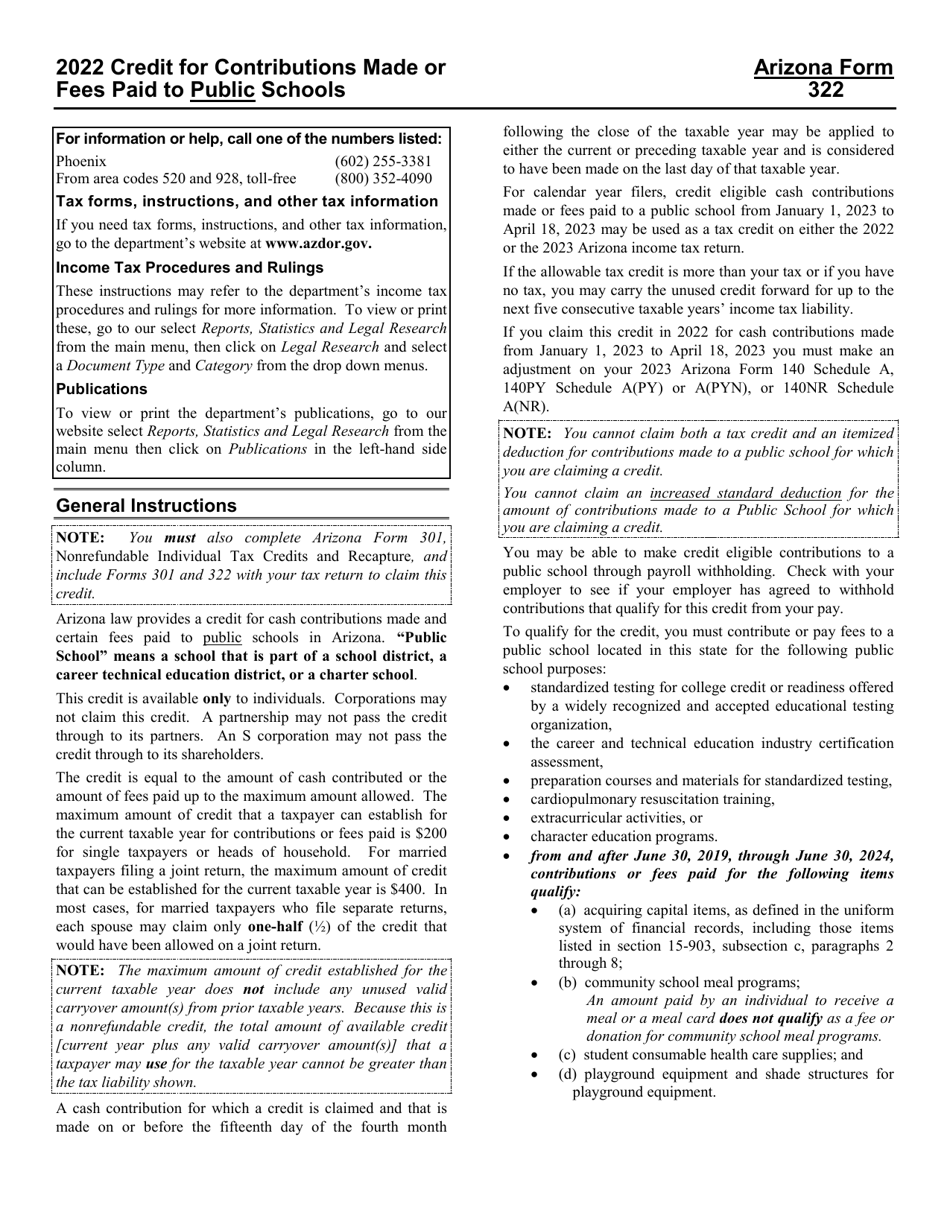 Download Instructions for Arizona Form 322, ADOR10941 Credit for ...