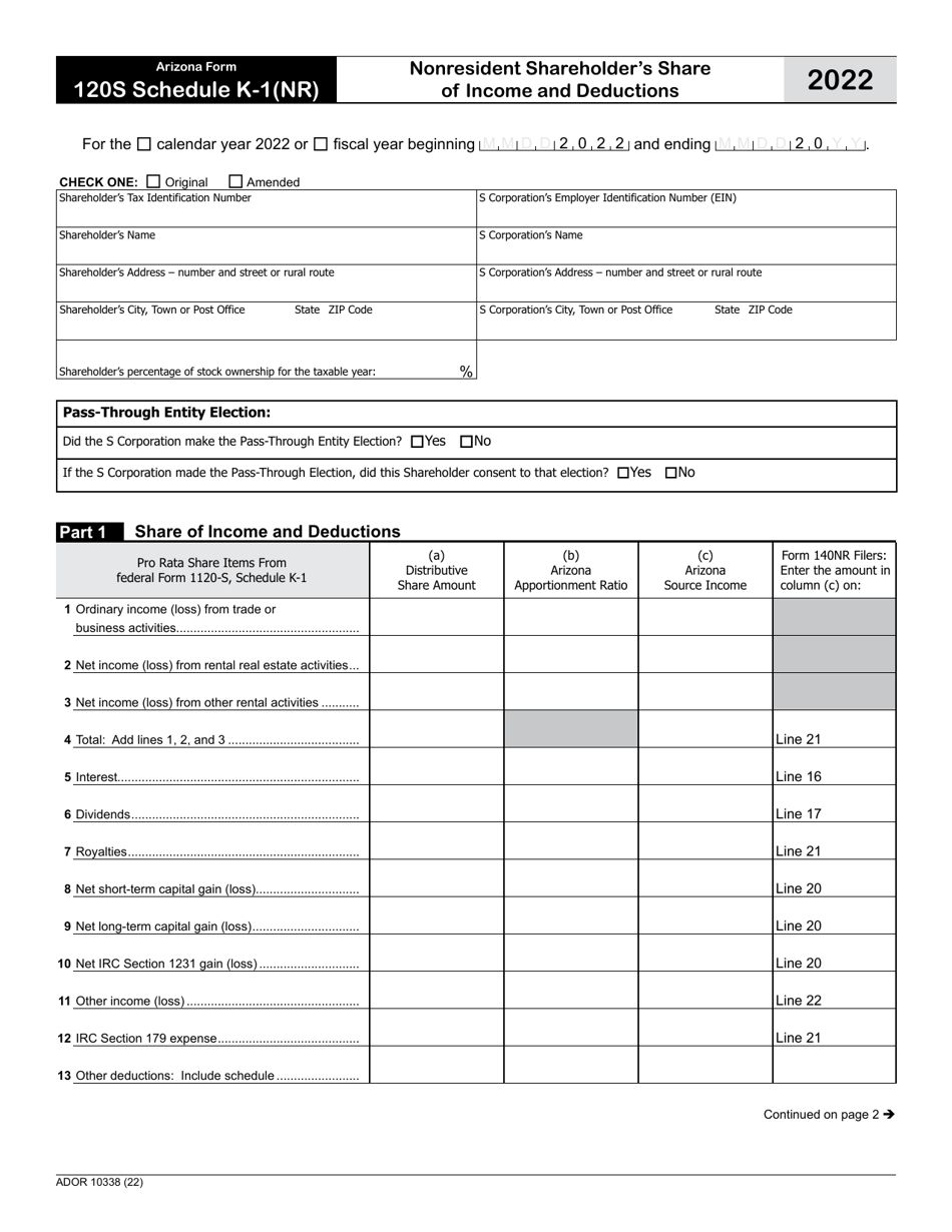 Arizona Form 120S (ADOR10338) Schedule K-1(NR) - 2022 - Fill Out, Sign ...