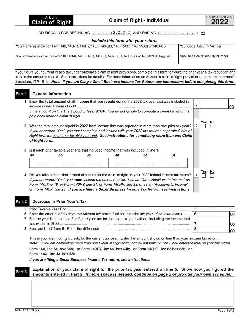 Arizona Form CLAIM OF RIGHT (ADOR11273) - 2022 - Fill Out, Sign Online ...