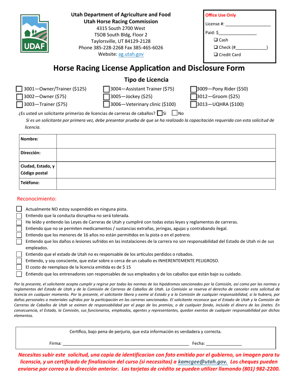 Utah Horse Racing License Application and Disclosure Form (English ...