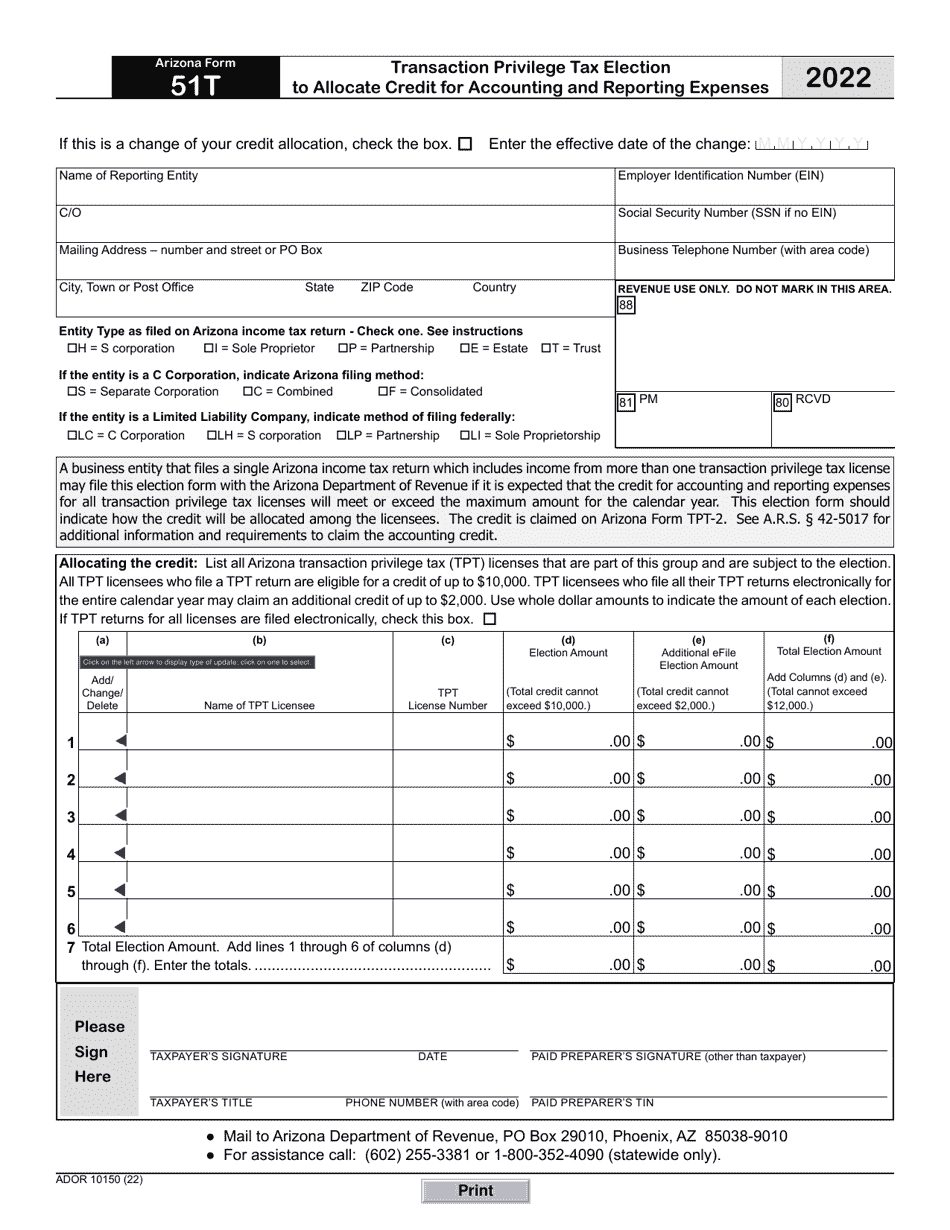 Arizona Form 51T (ADOR10150) Download Fillable PDF or Fill Online ...