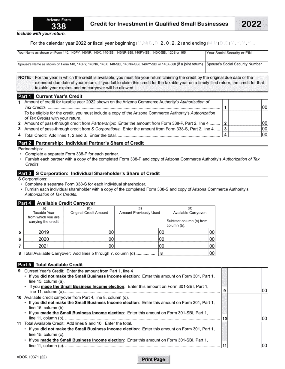 Arizona Form 338 (ADOR10371) Download Fillable PDF or Fill Online ...