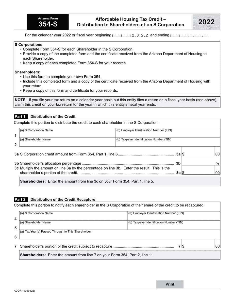 Arizona Form 354-S (ADOR11399) - 2022 - Fill Out, Sign Online and ...